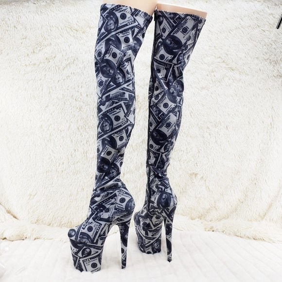 Pleaser | Shoes | Dollar Money Print Stretch Thigh High 8 Heel Boots ...